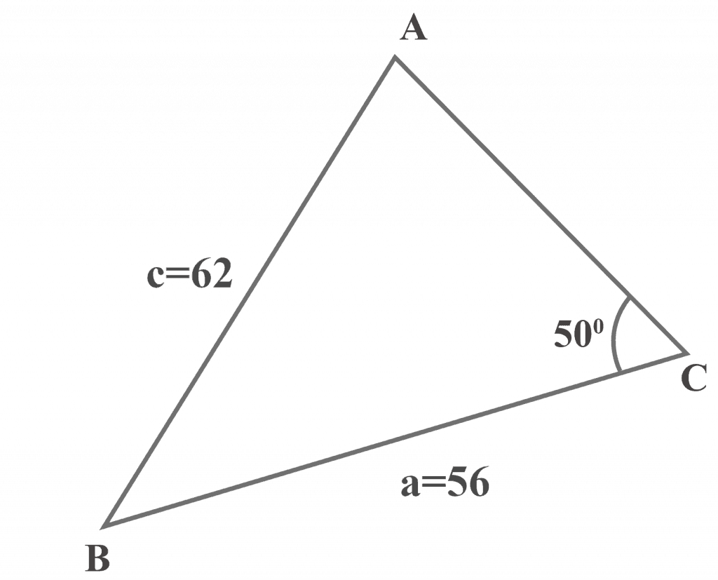 5. In triangle $ ABC$, $m∠C = 50^{\circ }$ , $a = 56$ cm and $c = 62$ cm. Prove that $A + B + C ...